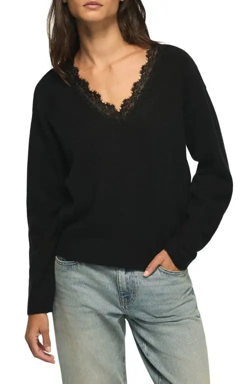 Lucky Brand Lace Trim V-neck Sweater - Caviar