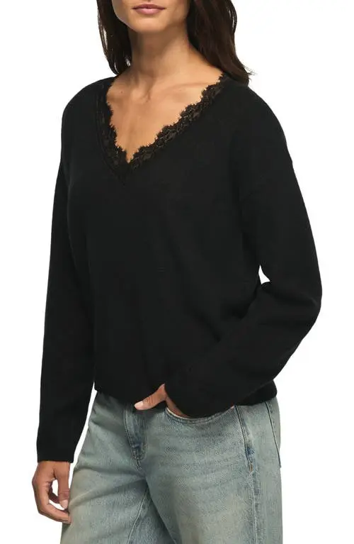 Lucky Brand Lace Trim V-neck Sweater - Caviar
