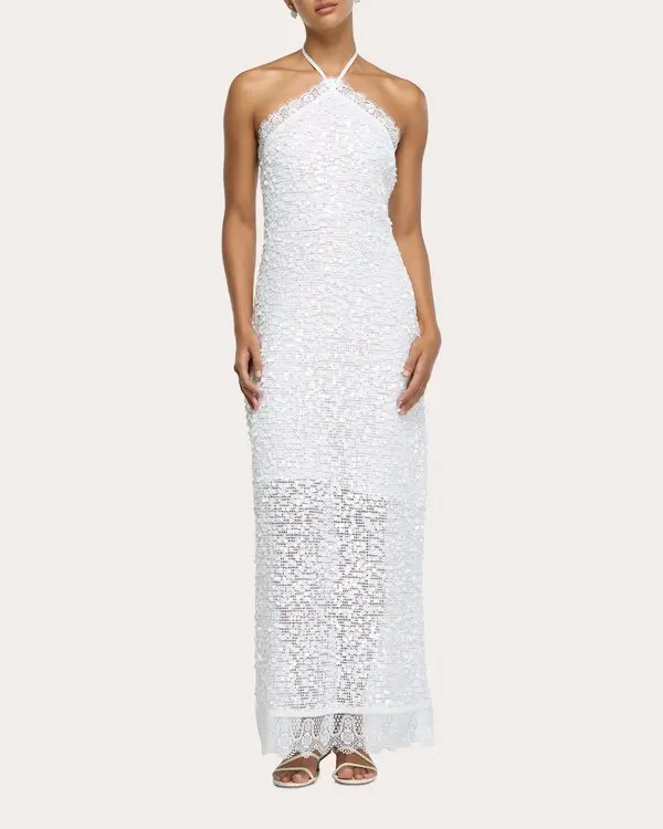 Waimari Blair Sequin Mesh Halter Maxi Dress - White