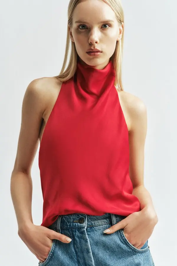 Bardot Sunella High Neck Halter Top - Deep Red