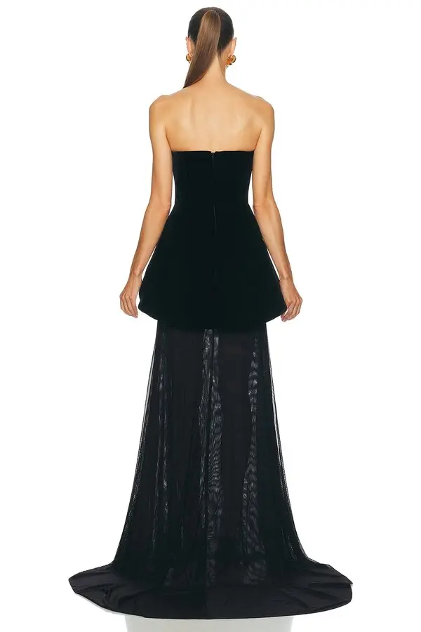 David Koma Strapless Curved Hem Gown With Mesh Skirt