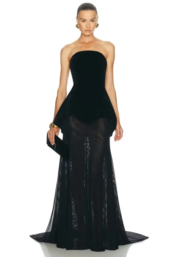 David Koma Strapless Curved Hem Gown With Mesh Skirt