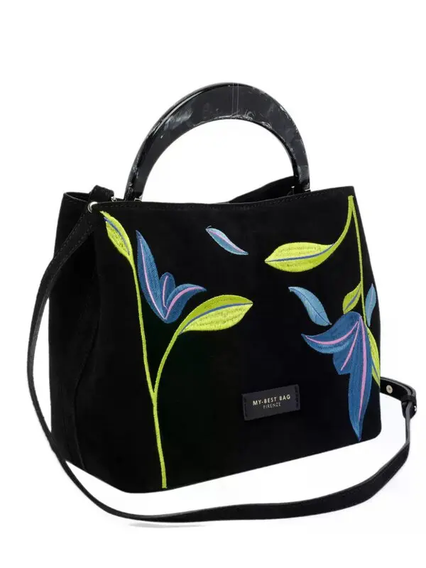 MY BEST BAG FIRENZE Ingrid Floral-embroidered Suede Tote Bag - Black