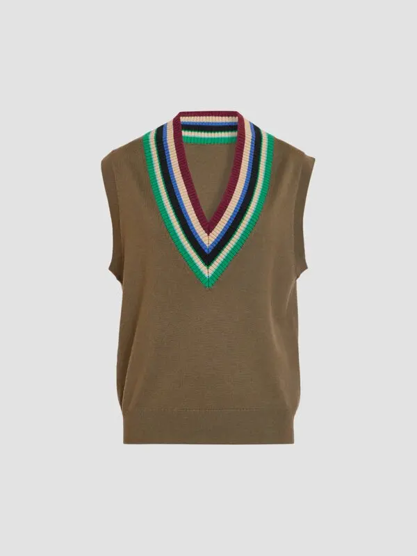Dries Van Noten Toner Wool Contrast V-neck Top - Forest