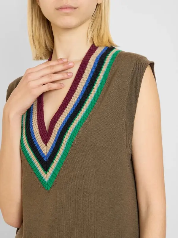 Dries Van Noten Toner Wool Contrast V-neck Top - Forest