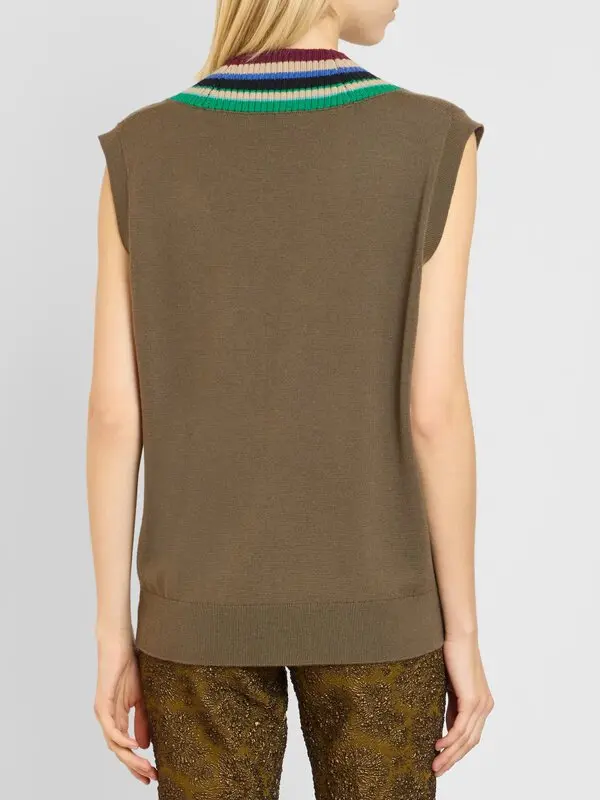 Dries Van Noten Toner Wool Contrast V-neck Top - Forest