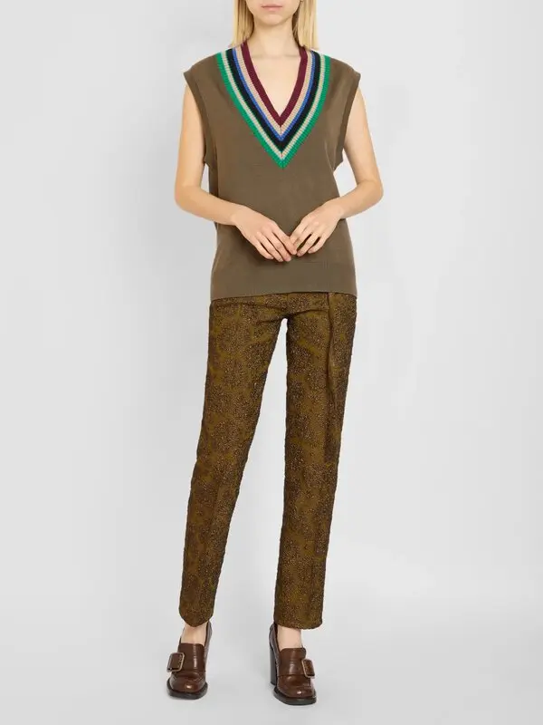 Dries Van Noten Toner Wool Contrast V-neck Top - Forest