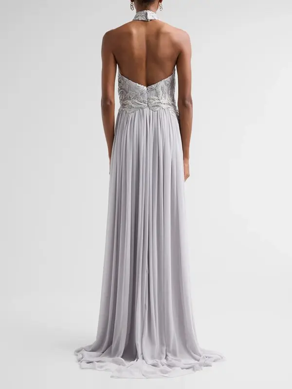 Pamella Roland Sequined Floral Halter Gown