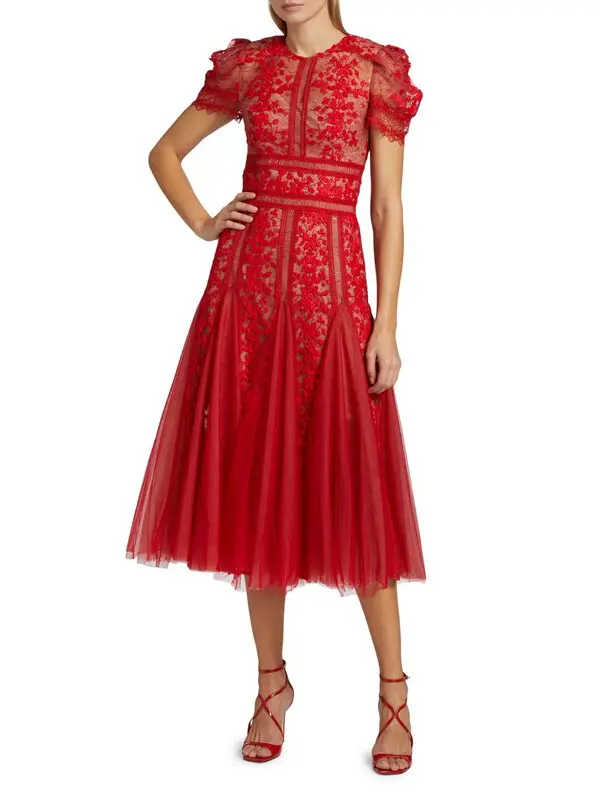 BRONX BANCO Megan Lace Short-sleeve Midi-dress