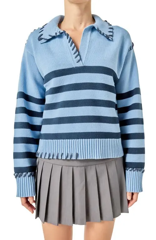 English Factory Whipstitch Striped Polo Sweater - Light Blue/navy