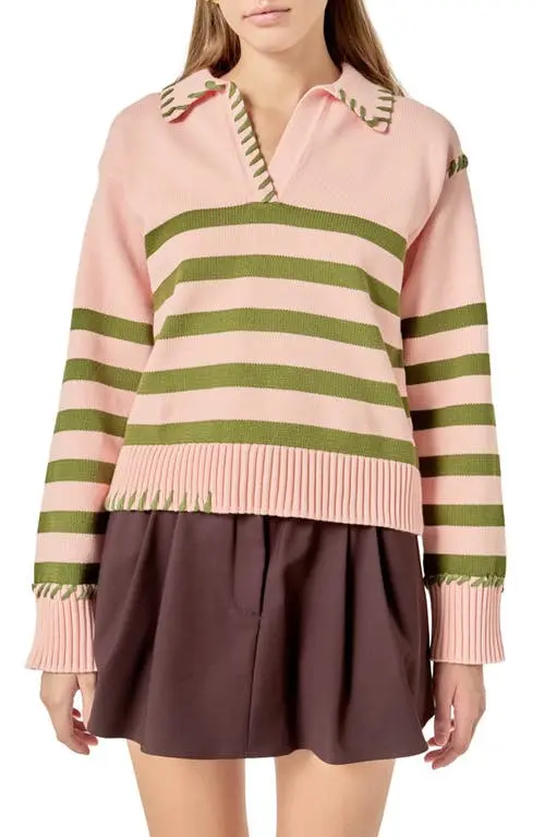 English Factory Whipstitch Striped Polo Sweater - Light Pink/olive