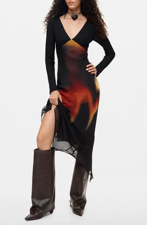 Desigual Long Sleeve Mixed Media Midi Dress - Black