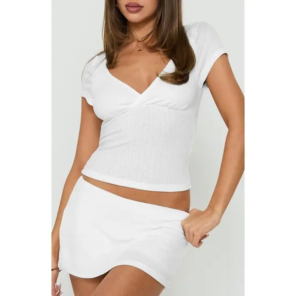 Princess Polly Mossie Cap Sleeve Crossover Pointelle Tee - White
