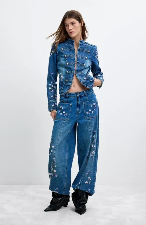 Desigual Floral Embroidered Denim Military Jacket