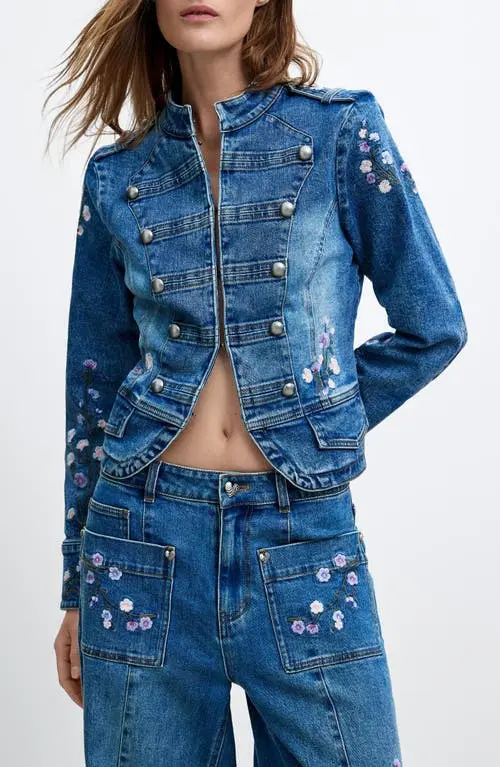 Desigual Floral Embroidered Denim Military Jacket - Medium Blue