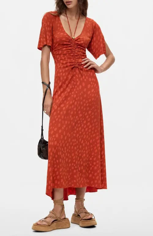 Desigual Ruched Flutter Sleeve Midi Dress - Orange