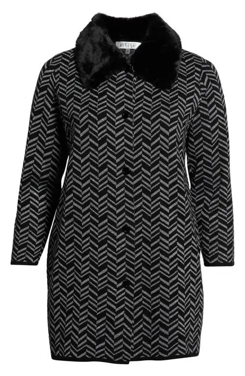 KASPER Faux Fur Collar Metallic Chevron Cardigan