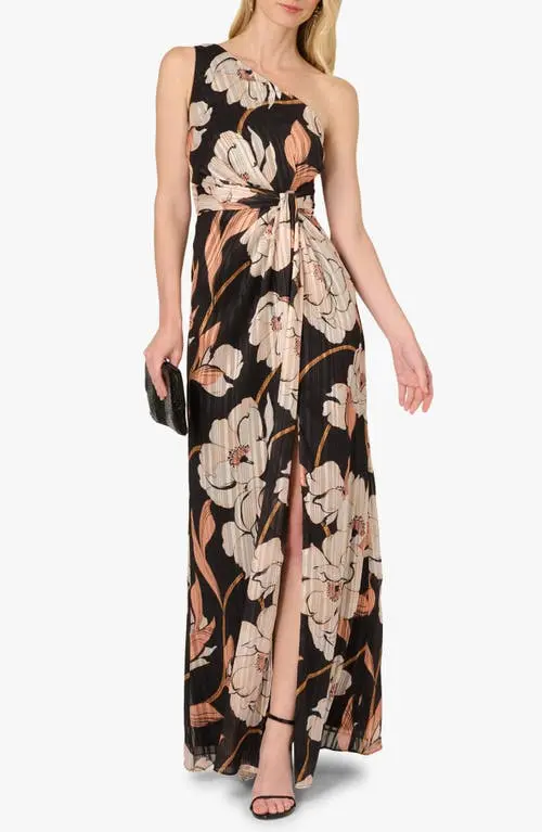 Adrianna Papell Floral One Shoulder Draped Ribbon Chiffon Gown
