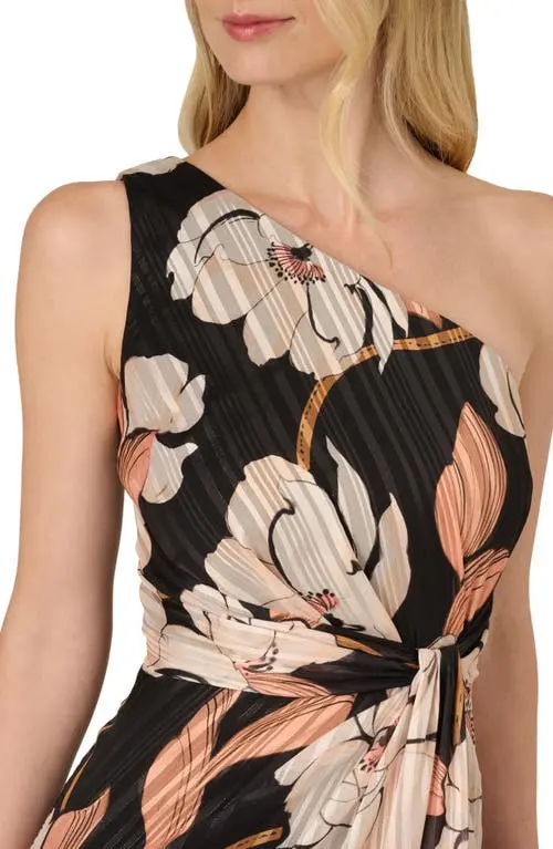 Adrianna Papell Floral One Shoulder Draped Ribbon Chiffon Gown