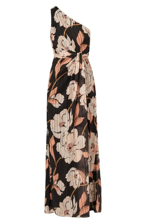 Adrianna Papell Floral One Shoulder Draped Ribbon Chiffon Gown