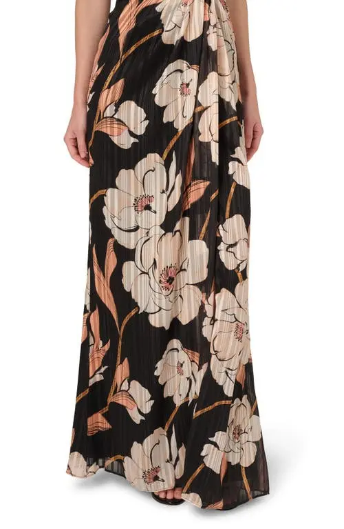 Adrianna Papell Floral One Shoulder Draped Ribbon Chiffon Gown