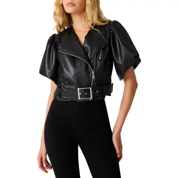 Steve Madden Madlin Faux Leather Moto Jacket With Puff Sleeves