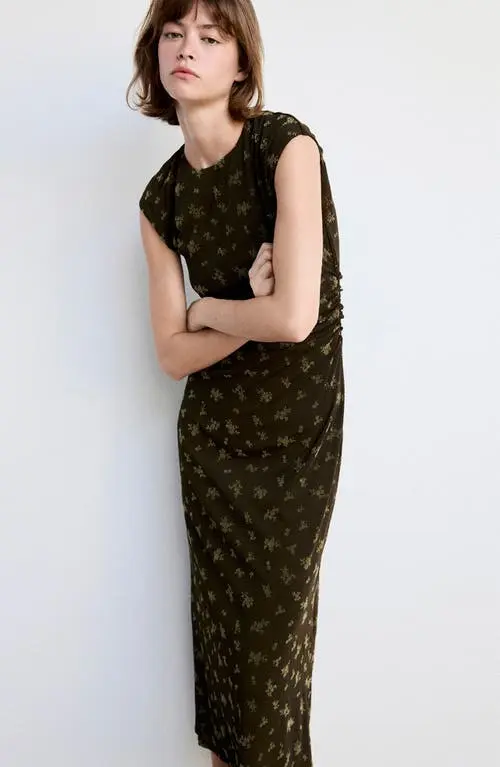 Mango Devor Ruched Cap Sleeve Maxi Dress
