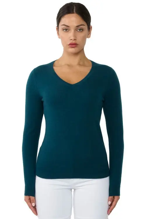 JENNIE LIU Classic V-neck Cashmere Sweater - Teal