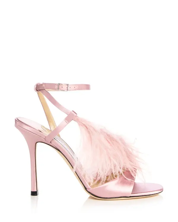 JIMMY CHOO Lula 100 Satin Feather Stiletto Sandals Exclusive