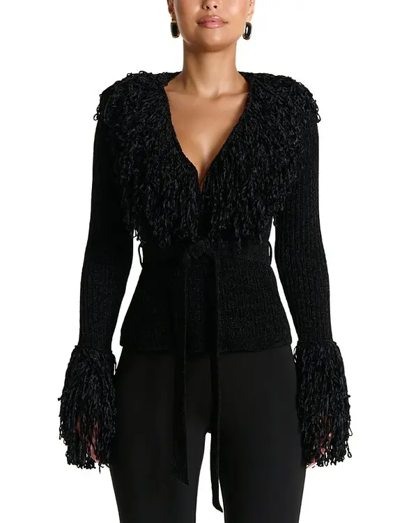 Naked Wardrobe Fringe Trim V Neck Cardigan - Black