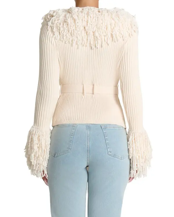 Naked Wardrobe Fringe Trim V Neck Cardigan - Bone