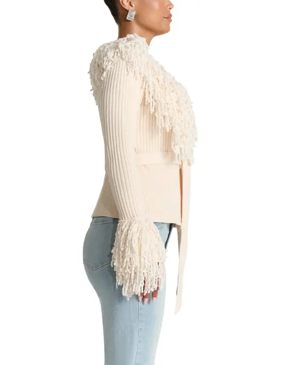 Naked Wardrobe Fringe Trim V Neck Cardigan - Bone