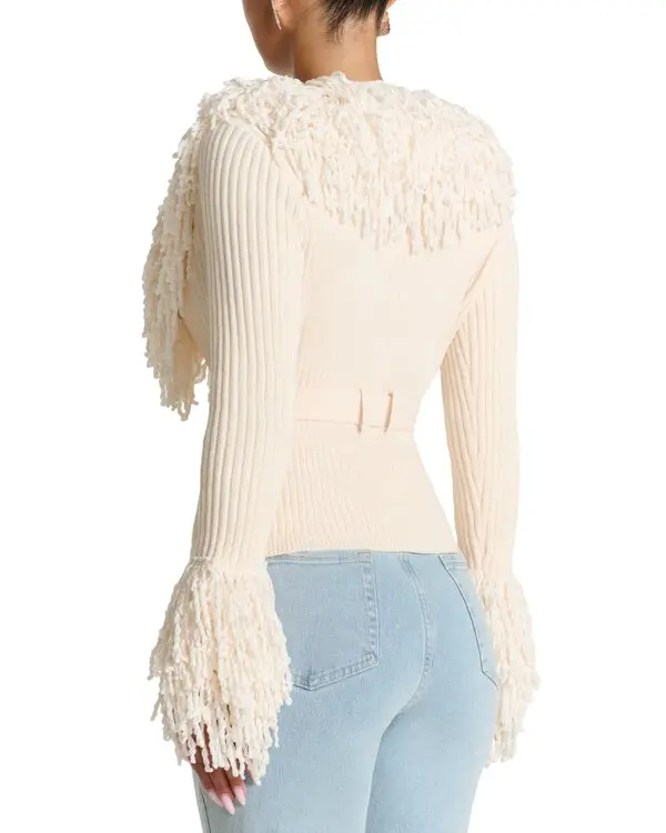 Naked Wardrobe Fringe Trim V Neck Cardigan - Bone