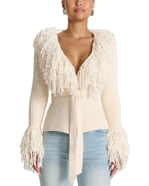 Naked Wardrobe Fringe Trim V Neck Cardigan - Bone