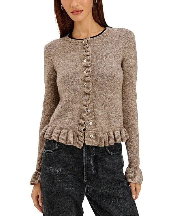 Rails Mandy Cotton & Wool Blend Ruffle Crewneck Cardigan - Heather Latte