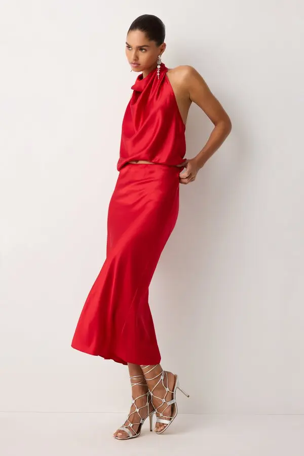 Ramy Brook Krisia Silk Slip Midi Skirt - Ruby