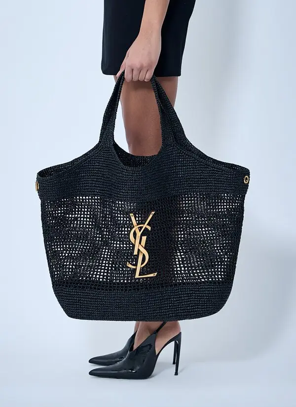Saint Laurent Rafia Icare Tote Bag - Black