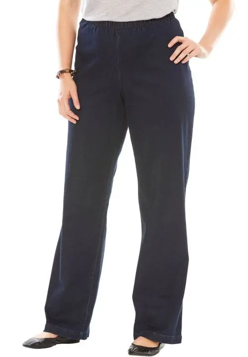 WOMAN WITHIN Fineline Stretch Denim Wide Leg Pull On Jeans - Indigo