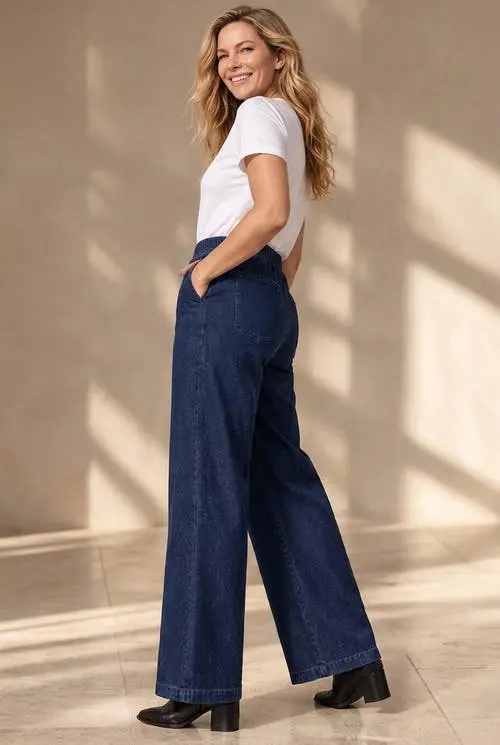 WOMAN WITHIN Fineline Stretch Denim Wide Leg Pull On Jeans - Indigo