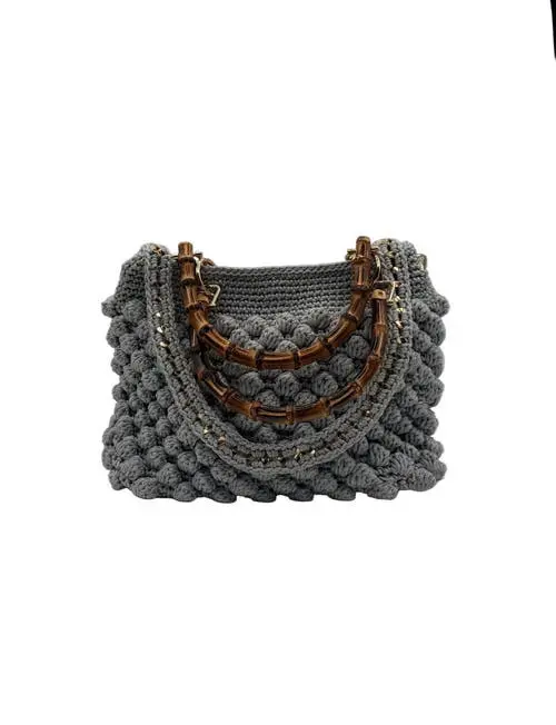 MEERTENS LUXURY Bubble Crochet Wood Handle Handbag - Grey