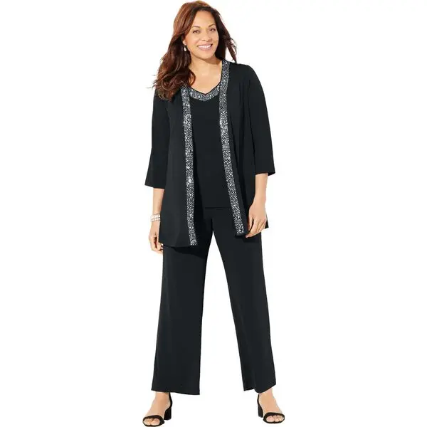 CATHERINES Beaded 3 Piece Cardigan Pant Suit - Black