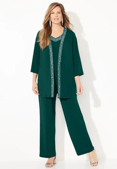 CATHERINES Beaded 3 Piece Cardigan Pant Suit - Emerald Green