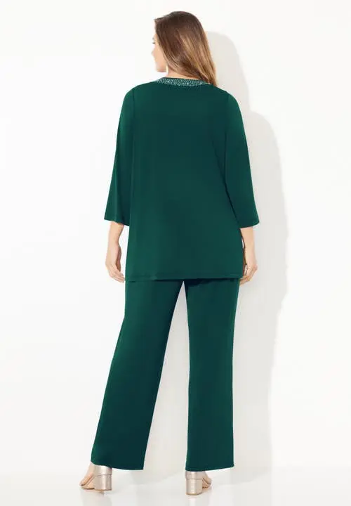 CATHERINES Beaded 3 Piece Cardigan Pant Suit - Emerald Green