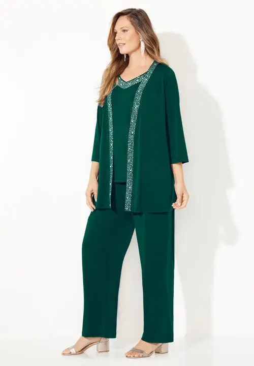 CATHERINES Beaded 3 Piece Cardigan Pant Suit - Emerald Green