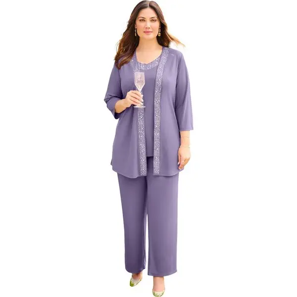 CATHERINES Beaded 3 Piece Cardigan Pant Suit - Soft Grape