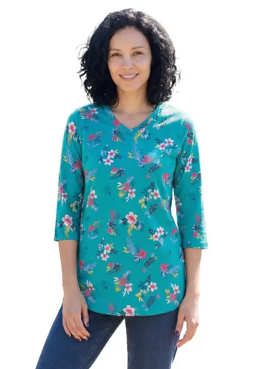 WOMAN WITHIN Perfect Printed Three Quarter Sleeve V Neck Tee - Waterfall Multi Bloom