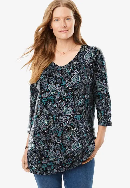 WOMAN WITHIN Perfect Printed Three Quarter Sleeve V Neck Tee - Waterfall Multi Bloom