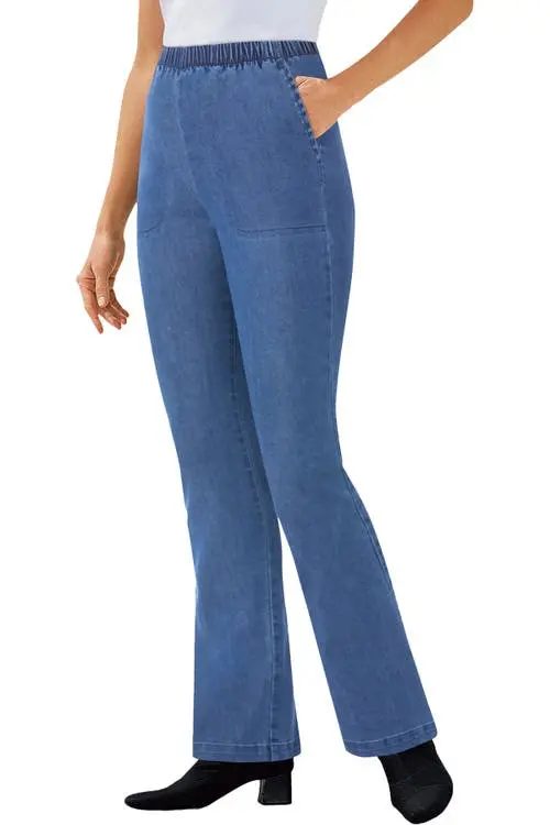 WOMAN WITHIN Fineline Stretch Denim Pull On Bootcut Jeans - Medium Stonewash