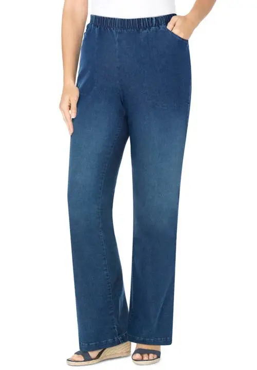 WOMAN WITHIN Fineline Stretch Denim Pull On Bootcut Jeans - Medium Stonewash