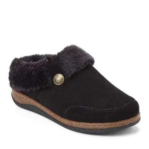 Clarks Suede Clog With Faux Fur Cuff & Metal But Slippers - Black